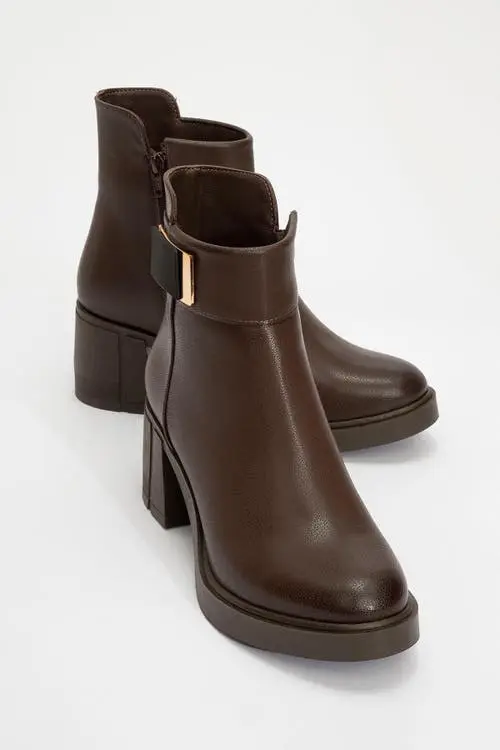 PROLOGUE SHOES Rashe Block Heel Zip Boot - Brown Faux Leather