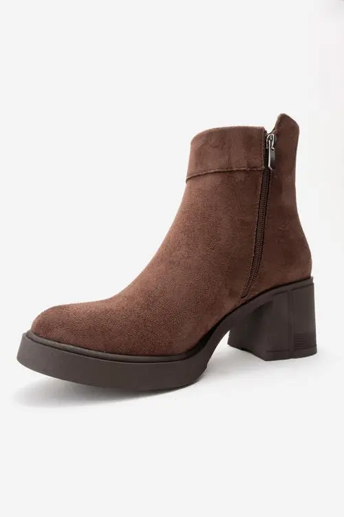 PROLOGUE SHOES Rashe Block Heel Zip Boot - Brown Suede Faux Leather