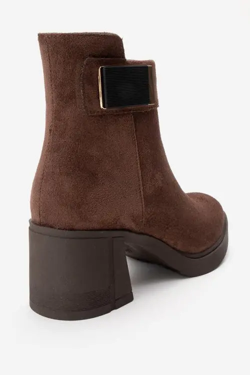 PROLOGUE SHOES Rashe Block Heel Zip Boot - Brown Suede Faux Leather