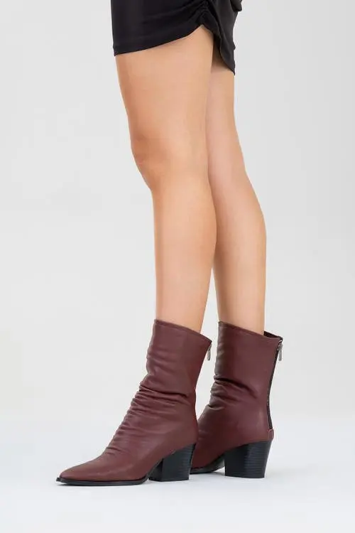 PROLOGUE SHOES Laval Back-zip Block Heel Boots - Burgundy Faux Leather