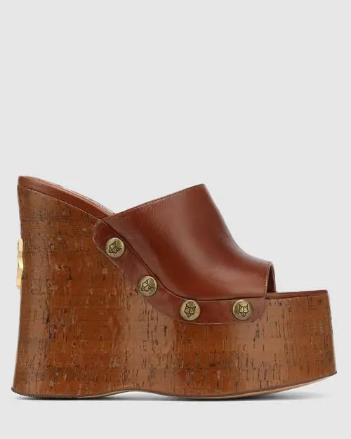 NAKED WOLFE Tulip Leather Wedge Clog Heel - Tan