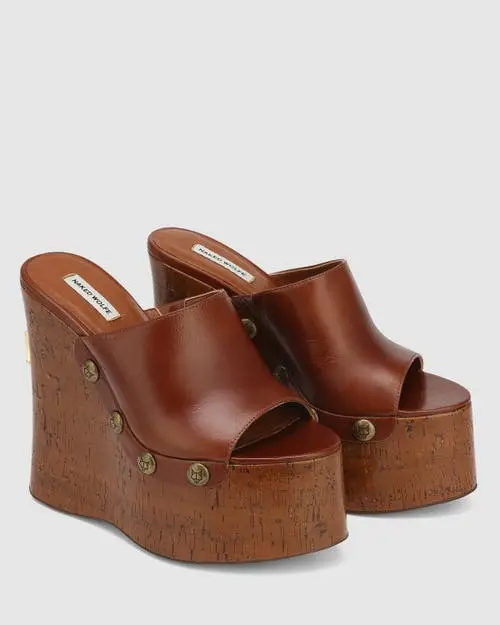NAKED WOLFE Tulip Leather Wedge Clog Heel - Tan