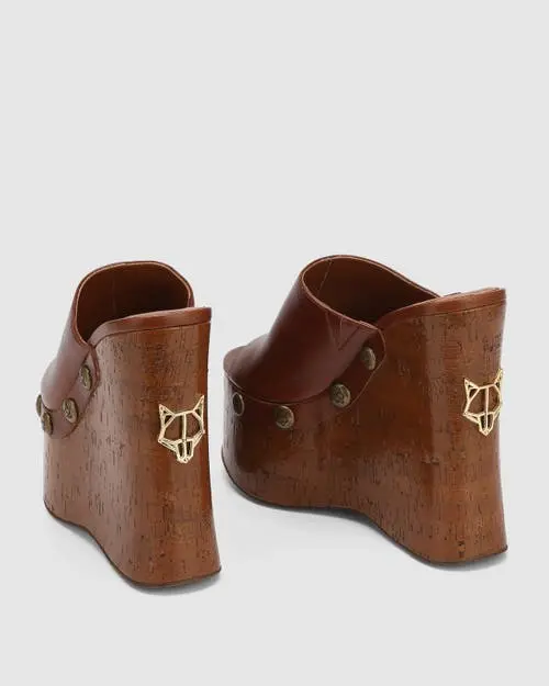 NAKED WOLFE Tulip Leather Wedge Clog Heel - Tan