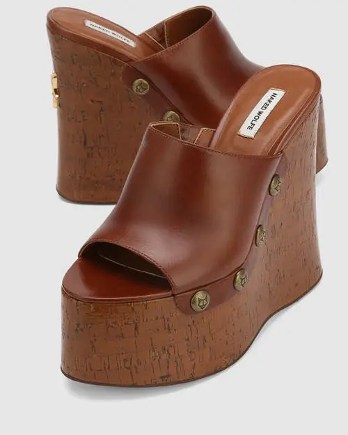 NAKED WOLFE Tulip Leather Wedge Clog Heel - Tan