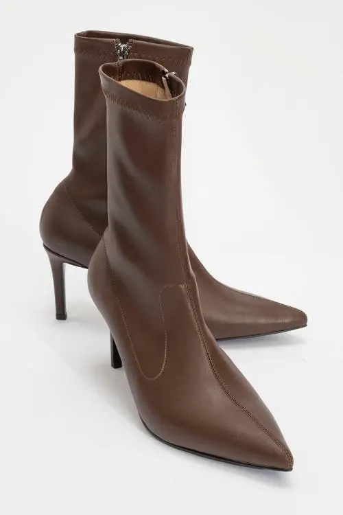PROLOGUE SHOES Thalin Zip Stiletto Boots - Brown Faux Leather