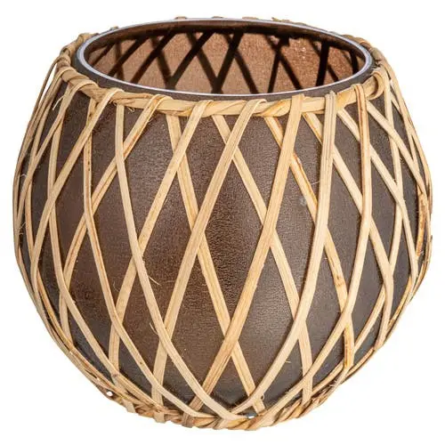 STORIED HOME Glass Votive Holder With Woven Rattan Sleeve - Brown