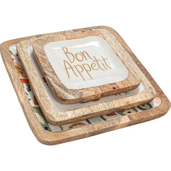 STORIED HOME Enameled Mango Wood Trays With Kitchenware Pattern