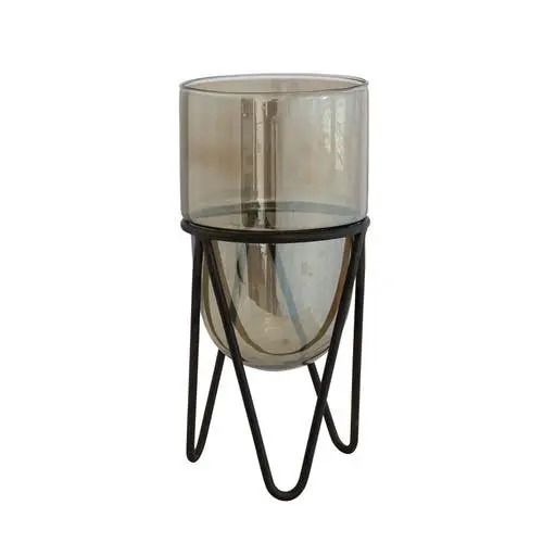 STORIED HOME Glass Pillar Candle Holder With Metal Stand - Brown