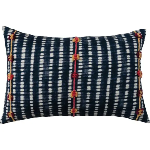 STORIED HOME Cotton Slub Tie Dye Lumbar Pillow Cover With Embroidered Accents - Blue