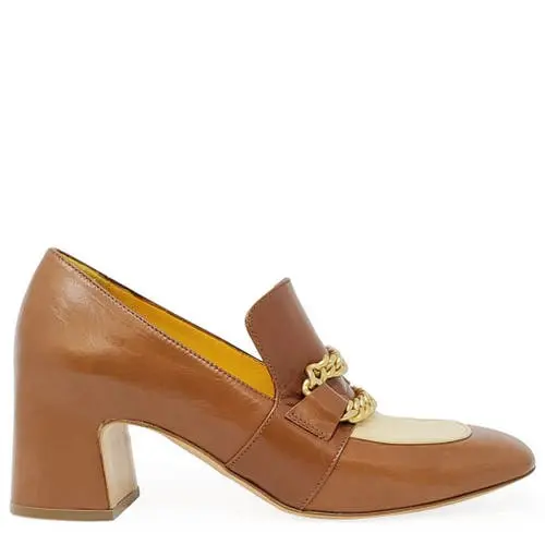 MADISON MAISON Mid Heel Loafer With Chain - Tan/creme