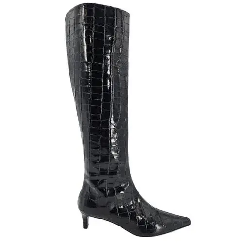 MADISON MAISON Tall Moc Croc Pointy Toe Kitten Heel Boots