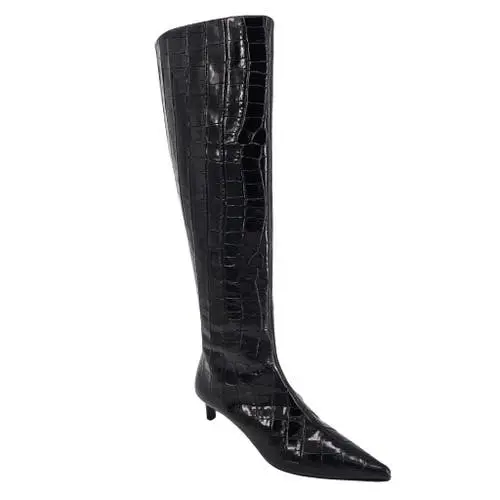 MADISON MAISON Tall Moc Croc Pointy Toe Kitten Heel Boots