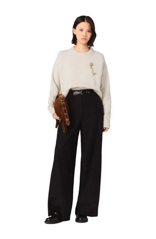 Maje Wide-leg Suit Trousers With Leather-effect Buckle - Black