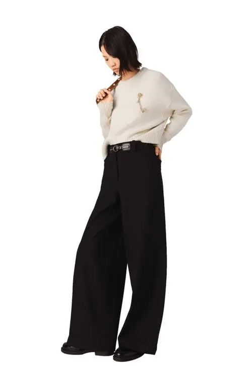 Maje Wide-leg Suit Trousers With Leather-effect Buckle - Black