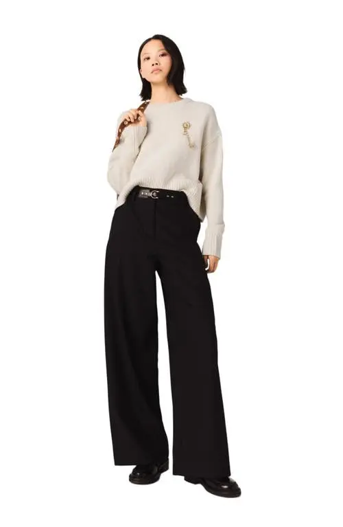 Maje Wide-leg Suit Trousers With Leather-effect Buckle - Black