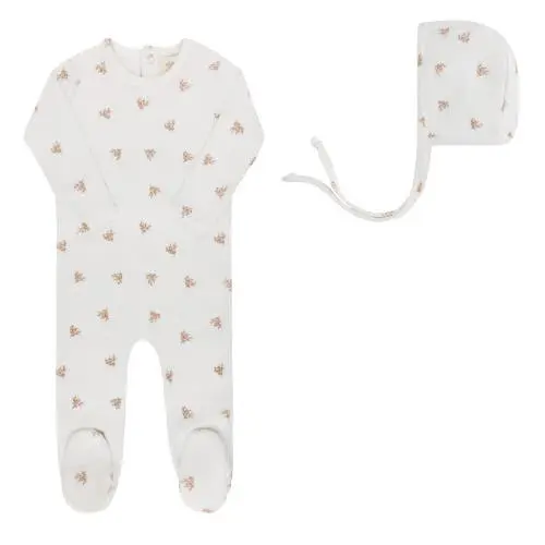 ELY'S & CO. Velour Leaf Pattern Footie And Bonnet Set - Ivory/boy