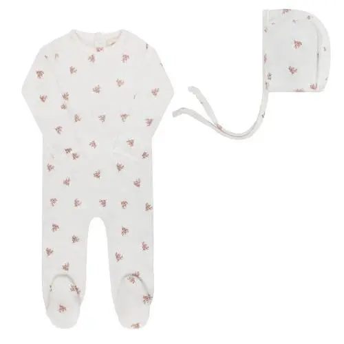 ELY'S & CO. Velour Leaf Pattern Footie And Bonnet Set - Ivory/girl