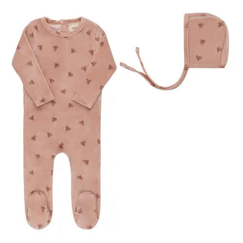 ELY'S & CO. Velour Leaf Pattern Footie And Bonnet Set - Pink
