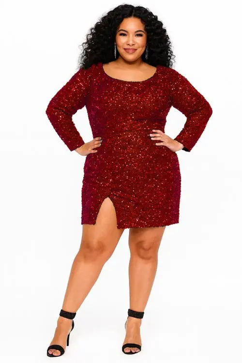 SYDNEY'S CLOSET Long Sleeve Sequin Cocktail Dress - Ruby