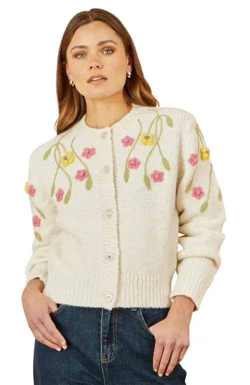YUMI Hand-embroidered Floral Cardigan - Ivory