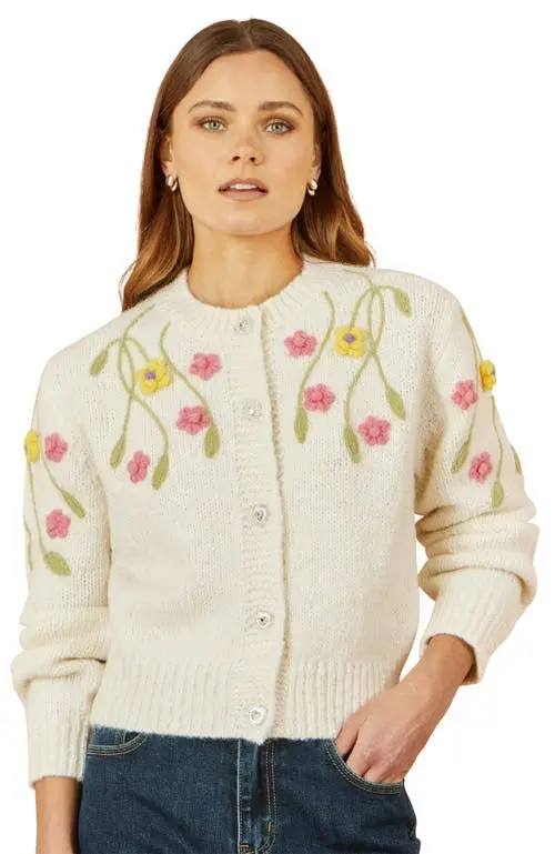 YUMI Hand-embroidered Floral Cardigan - Ivory