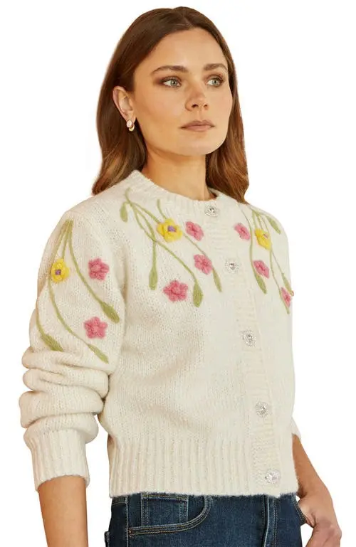 YUMI Hand-embroidered Floral Cardigan - Ivory
