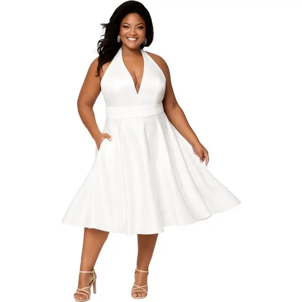 SYDNEY'S CLOSET Halter Satin Tea-length Dress - Ivory