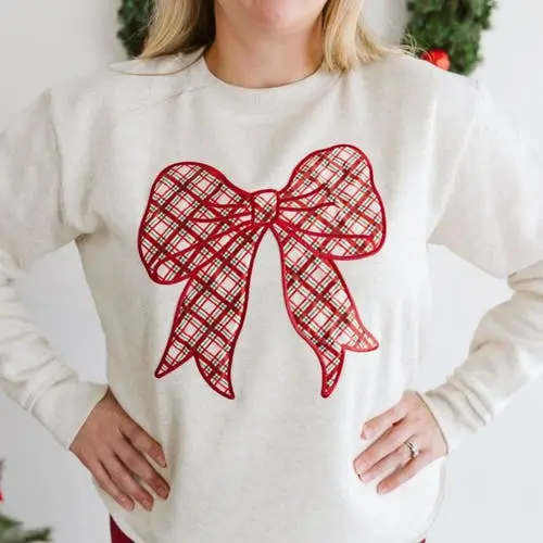SWEET WINK Christmas Plaid Bow Patch Sweatshirt - Natural