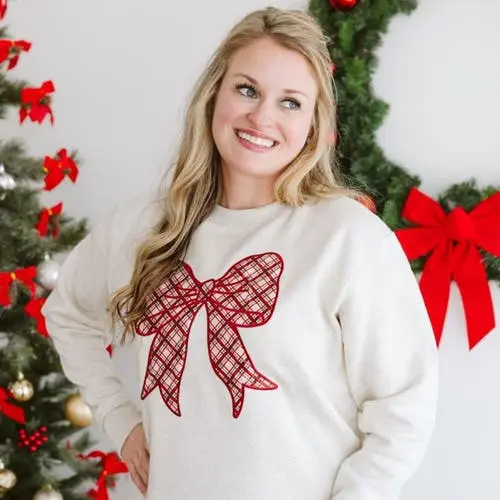 SWEET WINK Christmas Plaid Bow Patch Sweatshirt - Natural