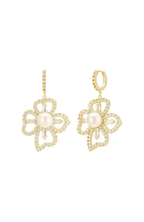 UNTAMED PETALS Holly Pearl & Crystal Flower Drop Earrings - Gold