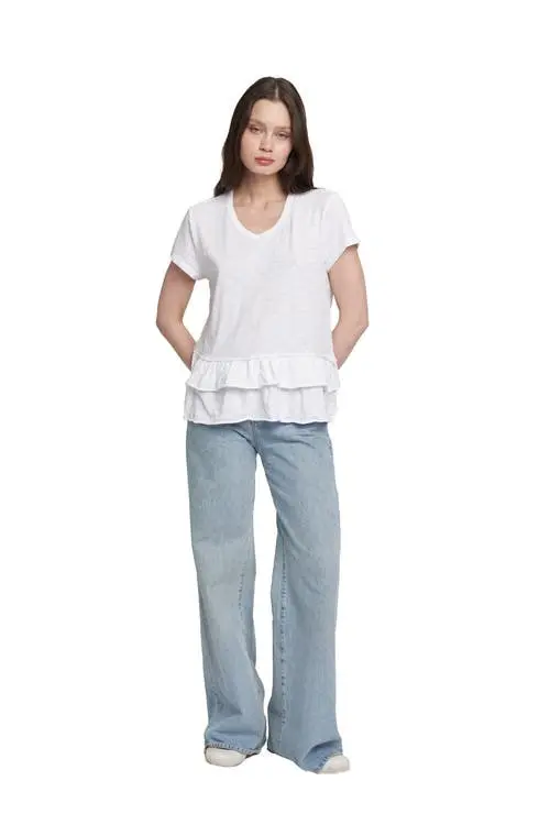 WILT CLOTHING Short Sleeve Double Tier Mock Hem Crew - White