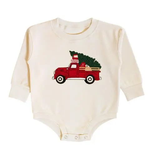 SWEET WINK Christmas Truck Patch Long Sleeve Romper - Natural