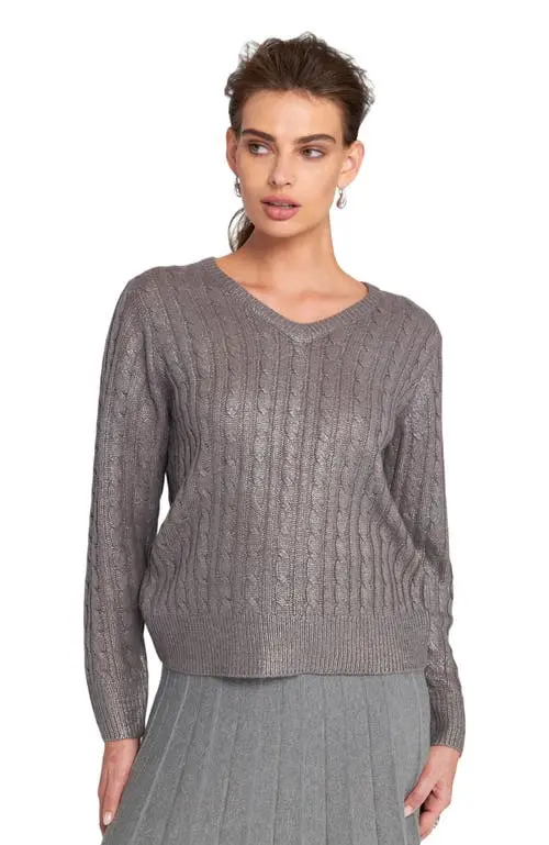 ELLE COLLECTION Metallic Cable Knit Embellished Sweater