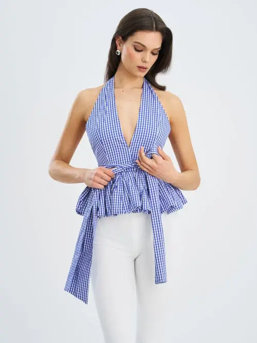 MISS CIRCLE NEW YORK Ilene Checkered Bubble Hem Halter Top - Blue