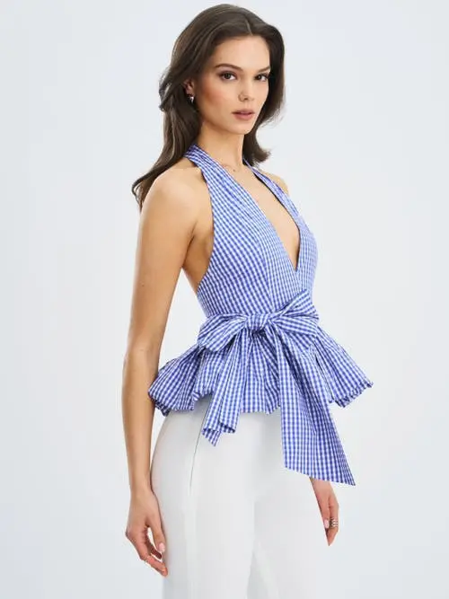 MISS CIRCLE NEW YORK Ilene Checkered Bubble Hem Halter Top - Blue