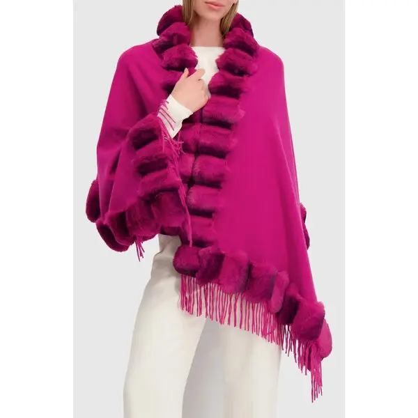 LYLA GRANT Cashmere And Wool Blend Cape With Faux Chinchilla Trim - Fuschia/fuschia Chinch
