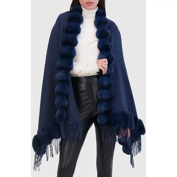 LYLA GRANT Cashmere And Wool Blend Cape With Faux Chinchilla Trim - Navy/navy Chinch