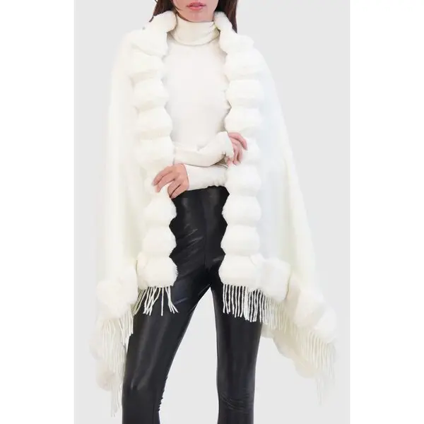 LYLA GRANT Cashmere And Wool Blend Cape With Faux Chinchilla Trim - White/white Chinch