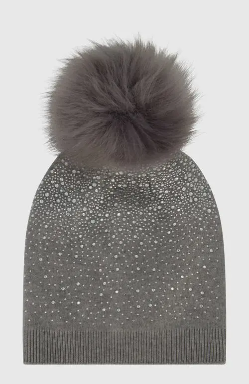 LYLA GRANT Knit Beanie Hat With Faux Fur Pompom - Gray/gray