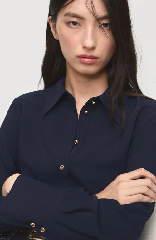 Mango Button-up Shirt With Goldtone Buttons - Navy