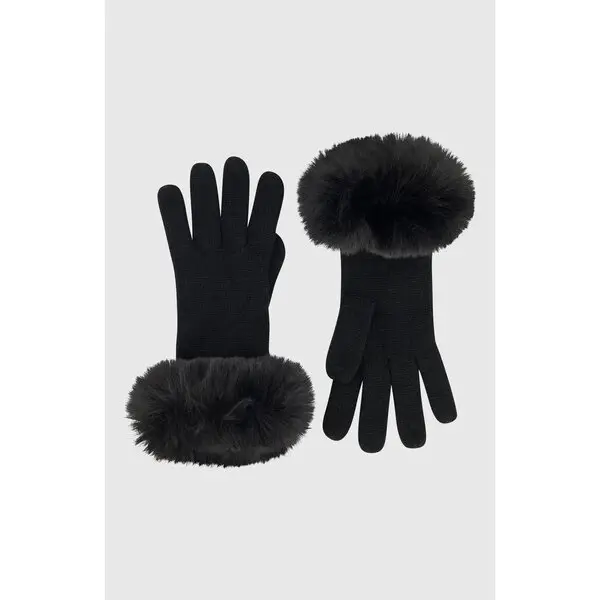 LYLA GRANT Knit Gloves With Faux Fur Fox Trim - Black