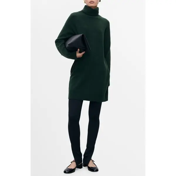 Mango Long Sleeve Turtleneck Sweater Dress - Dark Green