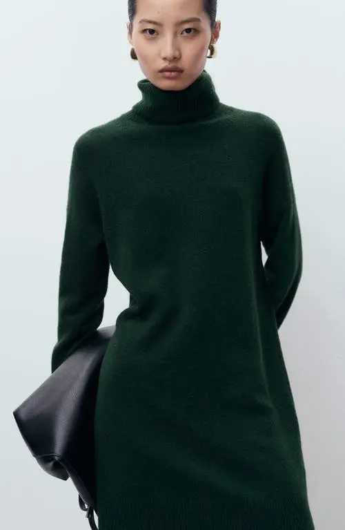 Mango Long Sleeve Turtleneck Sweater Dress - Dark Green