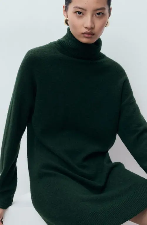 Mango Long Sleeve Turtleneck Sweater Dress - Dark Green