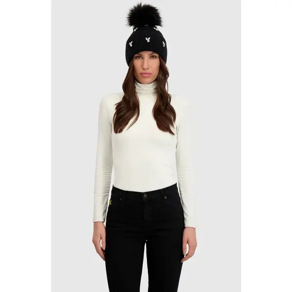 LYLA GRANT Knit Beanie With Faux Fur Pompom - Black/black
