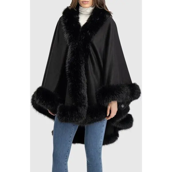 LYLA GRANT Cashmere And Wool Blend Cape With Faux Fur Trim - Black