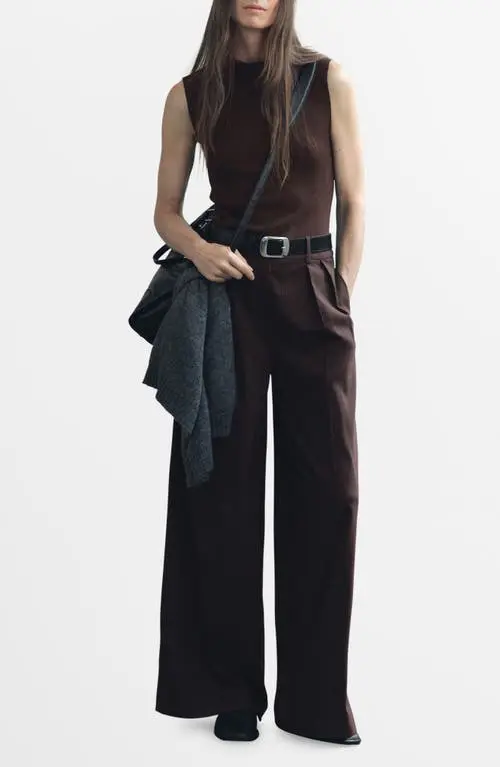 Mango Pinstripe Sleeveless Wide Leg Jumpsuit - Chocolate