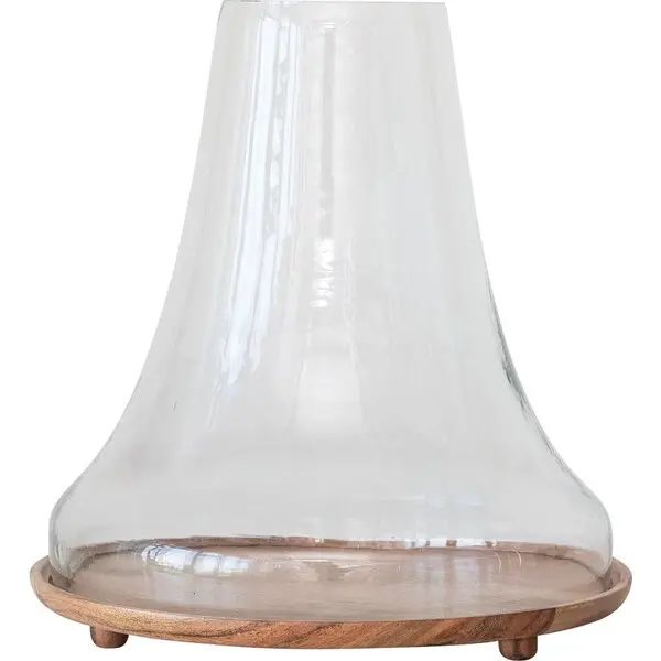 STORIED HOME Reclaimed Glass Cloche With Mango Wood Base - Clear