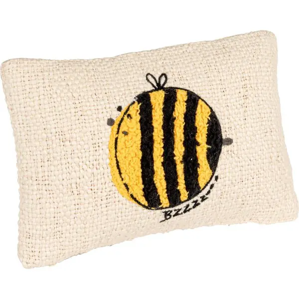 STORIED HOME Woven Cotton Lumbar Pillow With Embroidered Bee Design - White