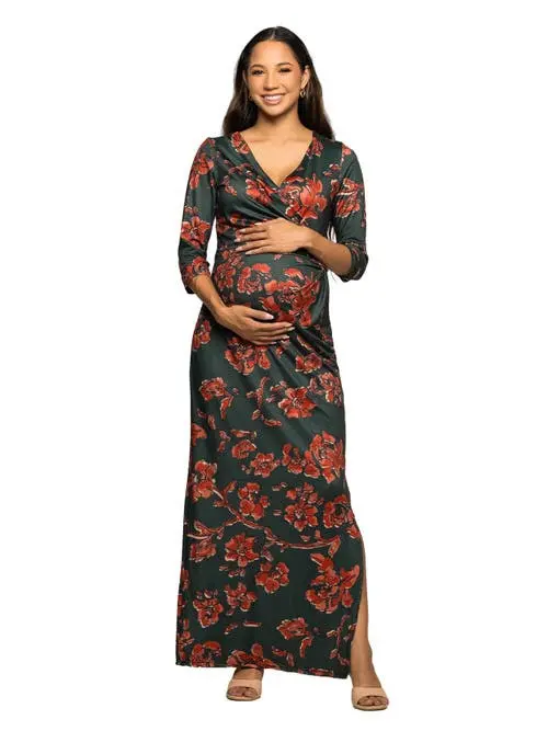 24SEVEN COMFORT APPAREL Floral Print Three Quarter Sleeve Side Slit Maxi Dress - Green Multi